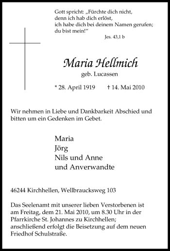 Traueranzeigen Von Maria Hellmich Trauer In Nrwde