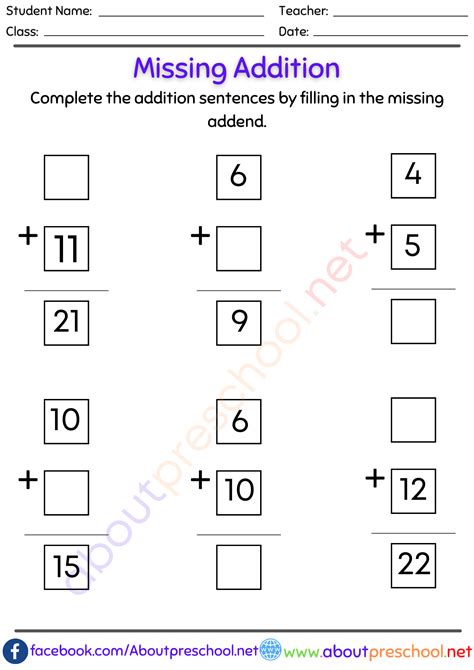 Missing Number Addition Worksheets Pdf 18 About Preschool