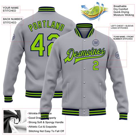 Custom Gray Neon Green Navy Bomber Full Snap Varsity Letterman Jacket