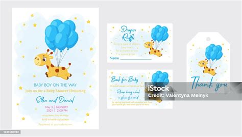 기저귀 추첨 아기를위한 책과 감사 태그와 함께 가는 길에 베이비 샤워 인쇄 파티 초대 카드 템플릿 아기 소년 풍선에 비행 귀여운