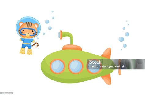 잠수함 근처 수중 수영 다이빙 슈트에 귀여운 만화 호랑이 T 셔츠 앨범 카드 초대장의 디자인 잠수함에 대한 스톡 벡터 아트 및 기타 이미지 Istock