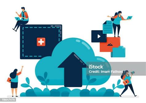 클라우드 폴더에 파일 및 문서 업로드 호스팅 및 도메인 임대 서비스 파일 전송 및 데이터 센터를 위한 디지털 스토리지 서비스 웹 사이트 일러스트레이션 배너 소프트웨어 포스터