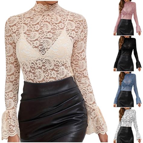 Miluxas Womens See Through Shirts Long Sleeve Turtleneck Sheer Floral