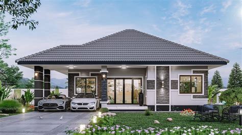 แบบบ้านชั้นเดียวทรงปั้นหยา สไตล์ร่วมสมัย หรูหรา เรียบง่าย ฟังก์ชันครบครัน 3 ห้องนอน 2 ห้องน้ำ