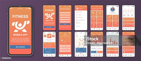 피트니스 모바일 앱 인터페이스 화면 템플릿 세트 온라인 계정 활동 통계 스포츠 훈련 목록 데이터 모니터링 지도 응용 프로그램 웹