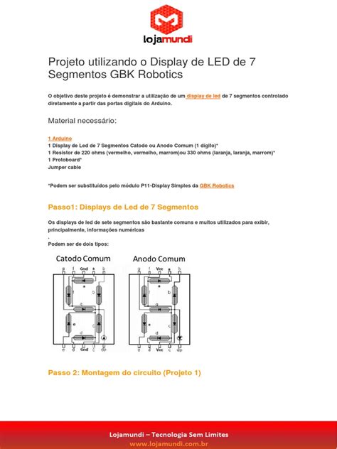 Projeto Utilizando O Display De Led De 7 Segmentos Gbk Robotics Pdf Arduino Diodo Emissor