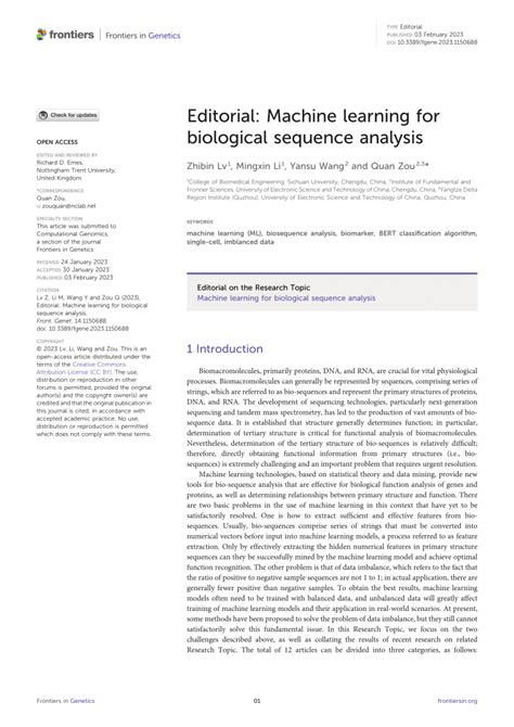 Pdf Editorial Machine Learning For Biological Sequence Analysis