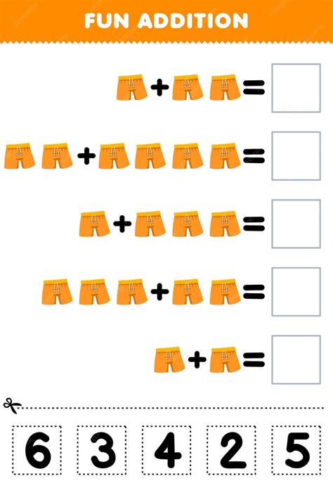 어린이를 위한 교육 게임은 만화 착용할 수 있는 옷 주황색 바지 인쇄용 워크시트에 대한 올바른 번호를 잘라서 일치시킵니다 프리미엄 벡터