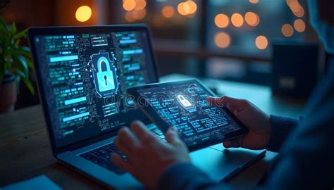 Cybersecurity Expert Laptop And Tablet Displaying Secure Code Stock