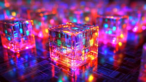 Luminous Glass Cubes With Circuitry Pattern And Rainbow Lights Stock Illustration Illustration