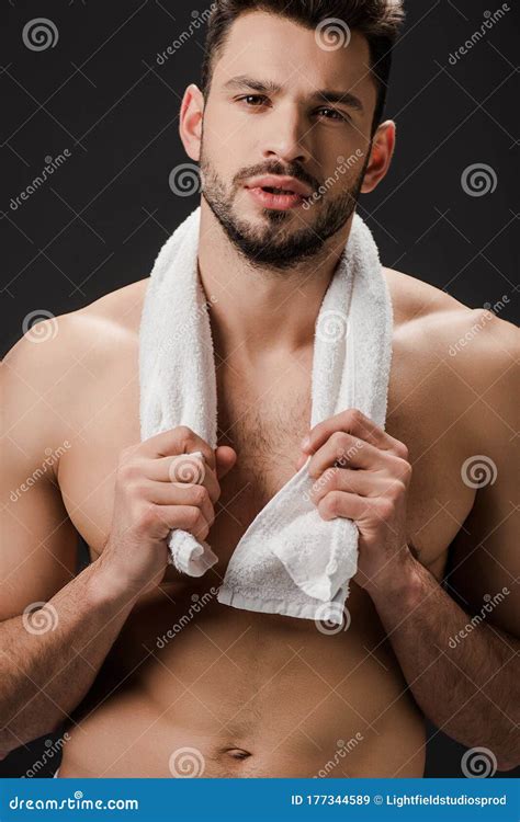 Naked Man With Towel Isolated On Stock Image Image Of Brunette