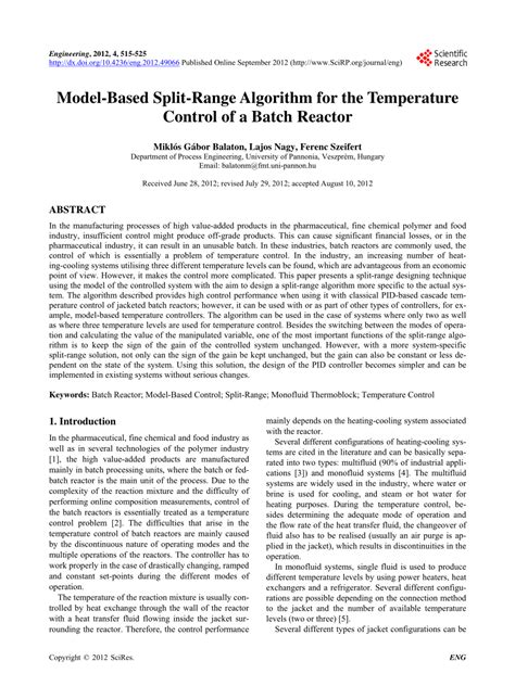 Pdf Model Based Split Range Algorithm For The Temperature Control Of A Batch Reactor