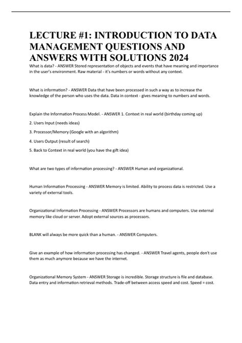 Lecture 1 Introduction To Data Management Questions And Answers With Solutions 2024 Data