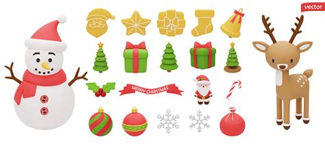 디자인을 위한 3d 벡터 크리스마스 요소 세트에는 산타 클로스 사슴 눈사람 장식 된 크리스마스 트리 선물 상자 진저 브레드 쿠키가 포함됩니다 3d 플라스틱 만화 스타일 흰색