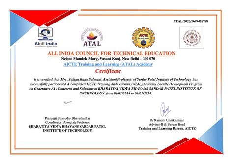 Sakina Salmani On Linkedin Certificate Received For Completion Of Atal Fdp On Generative Ai