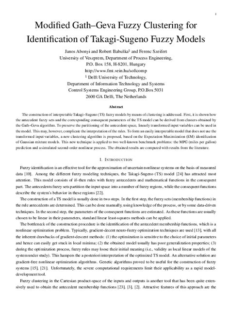 pdf modified gath geva fuzzy clustering for identification of takagi