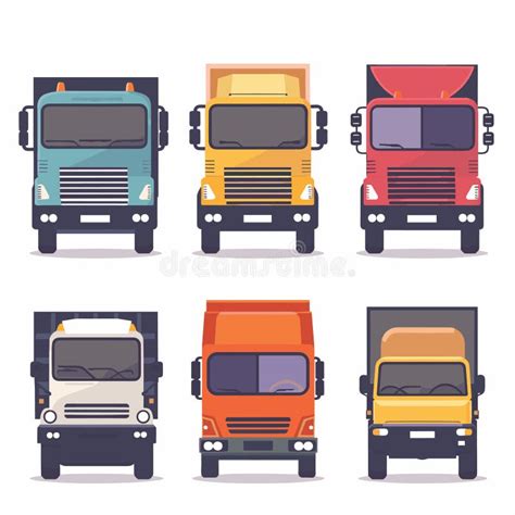Flat Style Vector Illustrations Six Trucks Front View Different Colors Illustrations Set Stock