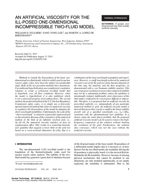PDF An Artificial Viscosity For The III Posed One Dimensional Incompressible Two Fluid Model