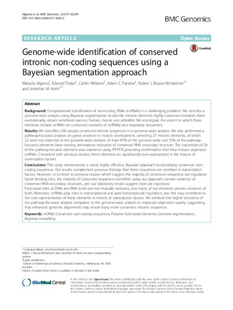 Pdf Genome Wide Identification Of Conserved Intronic Non Coding Sequences Using A Bayesian