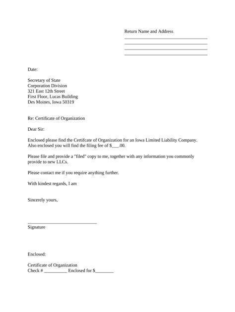 Iowa Llc Certificate Of Organization Request Blank Fillable Template