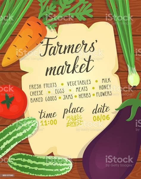 나무 테이블 신선한 야채와 텍스트 농부의 시장을 작성 하는 손을 벡터 배경 농민 시장에 대 한 밝은 배너 템플릿입니다 공예에 대한 스톡 벡터 아트 및 기타 이미지 Istock