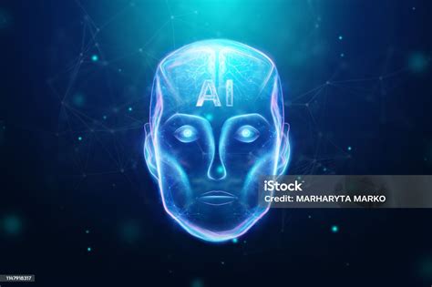 블루 홀로그램 로봇 머리 파란색 배경에 인공 지능 개념 신경망 자동 조종 장치 Robotization 산업 혁명 40 3d 그림