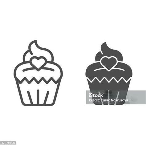컵 케이크 라인과 단단한 아이콘 머핀 심장 기호와 달콤한 디저트 롤빵 흰색 배경에 윤곽 스타일 그림 모바일 컨셉과 웹 디자인에 대한 베이커리 가게 간판 벡터 그래픽 개념에
