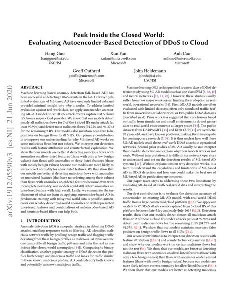 Pdf Peek Inside The Closed World Evaluating Autoencoder Based Detection Of Ddos To Cloud