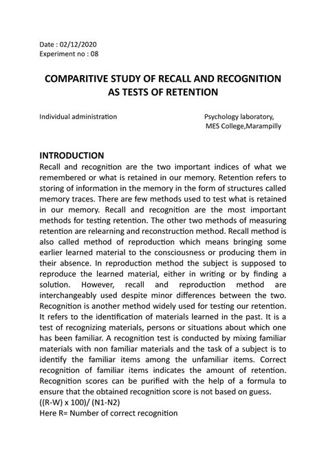 Recall And Recognition Practical Date Experiment No COMPARITIVE STUDY OF RECALL
