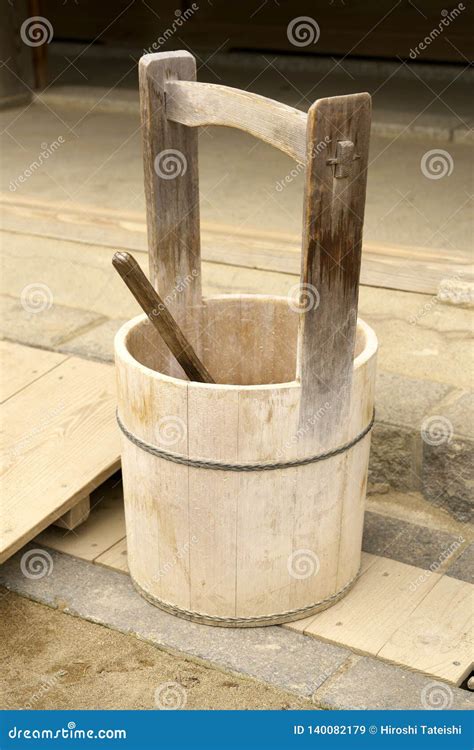 A Japanese Pail Or A Wooden Bucket And A Ladle Or A Dipper Stock Image