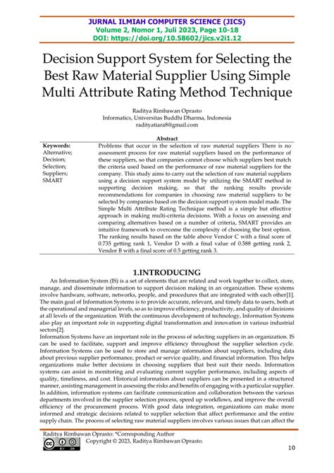 Pdf Decision Support System For Selecting The Best Raw Material
