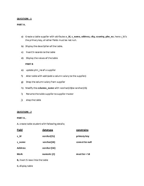 Dbms Lab Lab Questions For Dbms Question 1 Part A A Create A Table Supplier With