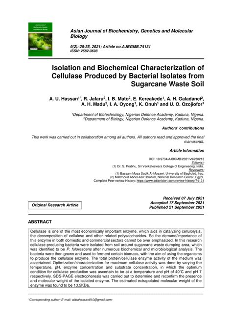 Pdf Isolation And Biochemical Characterization Of Cellulase Produced By Bacterial Isolates