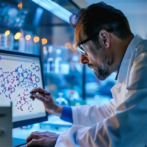 Scientist In Lab Coat Analyzing Molecular Structures On Computer Screen In Modern Laboratory