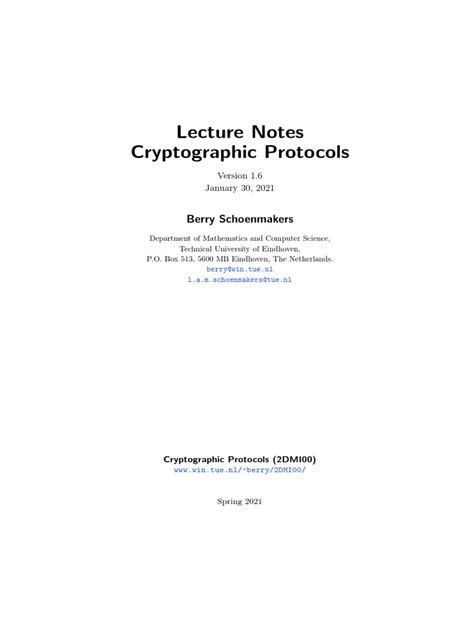 Lecture Notes Cryptographic Protocols Berry Schoenmakers Pdf