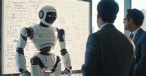 Premium Photo A Robot Standing In Front Of A Whiteboard With Writing On It
