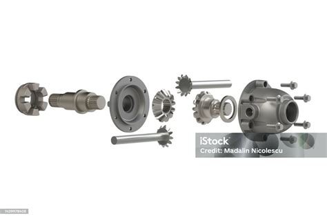 Automotive Differential Gear Box Exploded View 3d Rendering Isolated On White Background Stock
