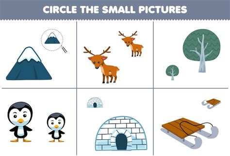 어린이를위한 교육 게임은 귀여운 만화 산 사슴 나무 펭귄 이글루 썰매 인쇄용 겨울 워크 시트의 작은 그림을 동그라미 프리미엄 벡터