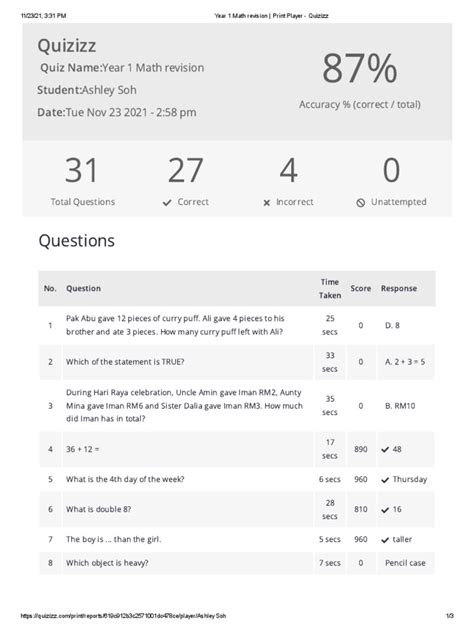 Year 1 Math Revision Print Player Quizizz Pdf