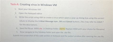 Solved Task A Creating Virus In Windows Vm 1 Boot Your