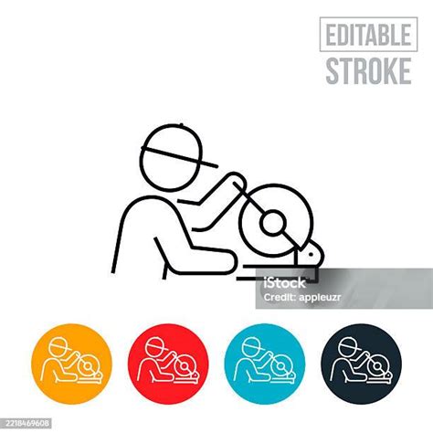 테이블 톱을 사용하는 핸디맨 가는 선 아이콘 편집 가능한 스트로크 Diy에 대한 스톡 벡터 아트 및 기타 이미지 Diy 건설 산업 건설 현장 Istock