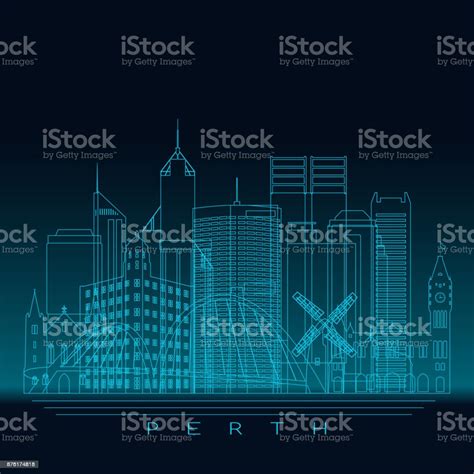 퍼스 스카이 라인 상세한 실루엣 현대 벡터 일러스트 레이 션 파란색 선형 스타일입니다 퍼스 호주에 대한 스톡 벡터 아트 및 기타