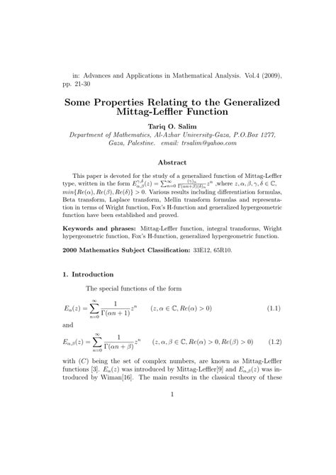 Pdf Some Properties Relating To The Generalized Mittag Leffler Function