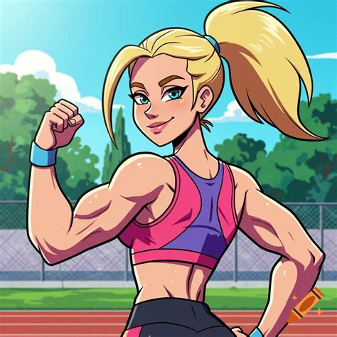 A Cartoon Blonde Woman With A Backpack And Water Bottle Wearing Teal And Orange Athletic