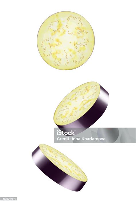 플라잉 가지 또는 가지 조각은 흰색 배경에 분리되어 있습니다 가지 야채의 떨어지는 조각입니다 광고 포장 배너 포스터 인쇄에