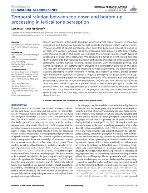 Pdf Temporal Relation Between Top Down And Bottom Up Processing In Lexical Tone Perception