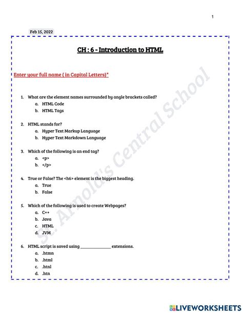 Ch 6 Introduction To Html Worksheet Live Worksheets Worksheets Library