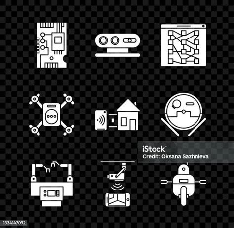 설정 전자 컴퓨터 구성 요소 마더 보드 디지털 칩 조립 라인 무선 제어 Cctv 보안 카메라 로봇 액션과 스마트 홈 아이콘 비행
