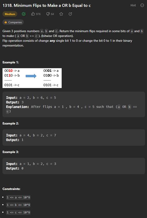C 1318 Minimum Flips To Make A Or B Equal To C Ioeeos