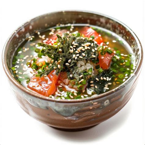 A Bowl Of Ochazuke Rice With Green Tea Broth Topped With Umeboshi Pickled Plum Nori Stock